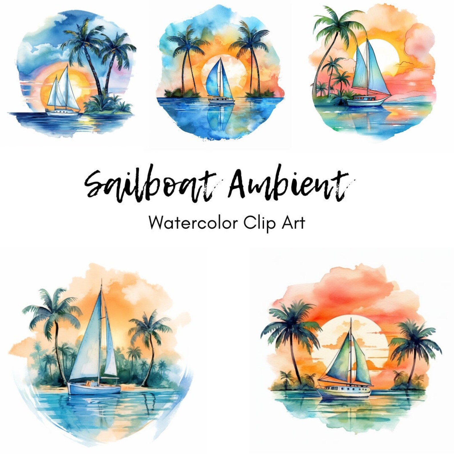 Sailboat Watercolor Clip Art Summer Tropical Clip Art Palm Tree Clip ...