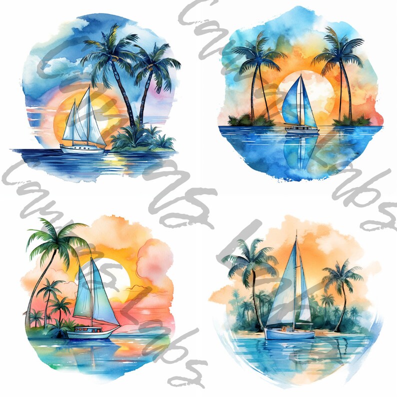 Sailboat Watercolor Clip Art Summer Tropical Clip Art Palm Tree Clip ...