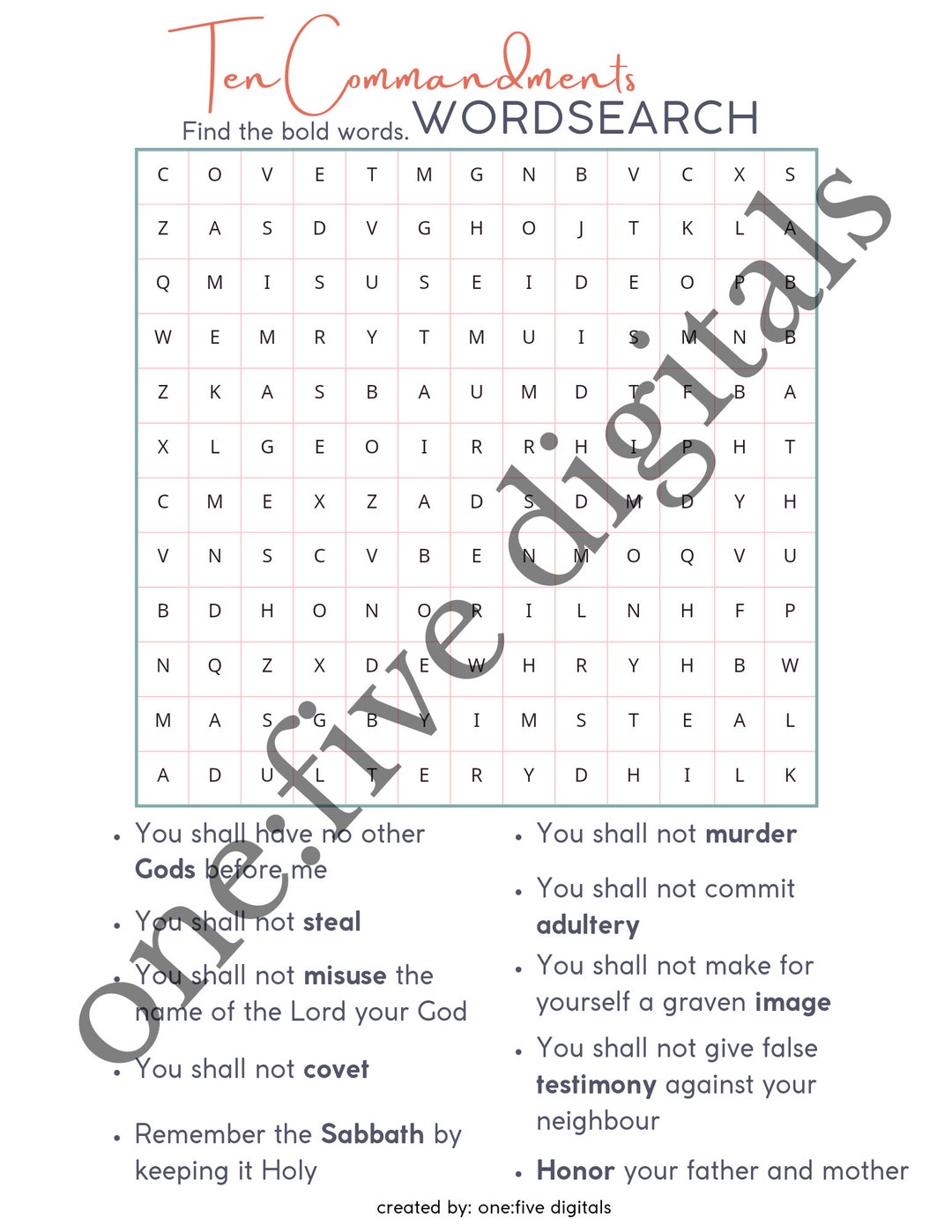 Ten Commandments Word Search | Sunday School Activity for Church, Kids, Home School - Etsy