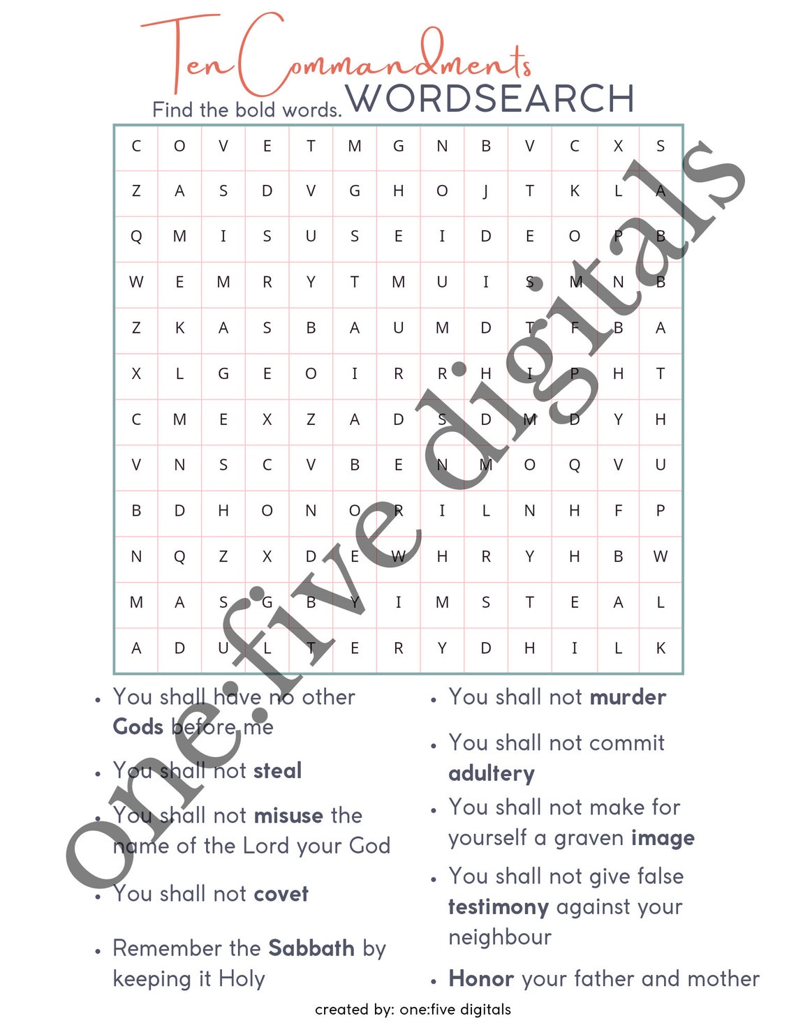 Ten Commandments Word Search Sunday School Activity for Church, Kids ...