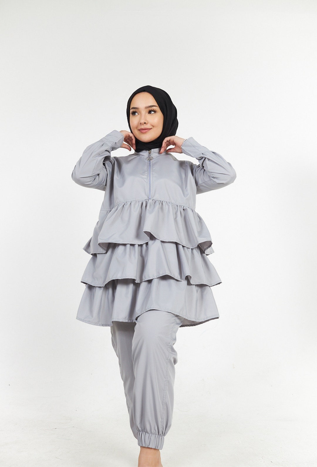 Frilly Grey Modest Swimwear and Leggings Muslim Swimsuits for - Etsy