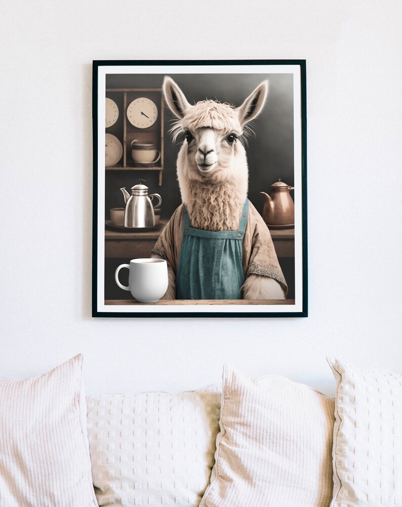 Vintage Style Artwork of Llama Barista, Digital Download, Llama With ...