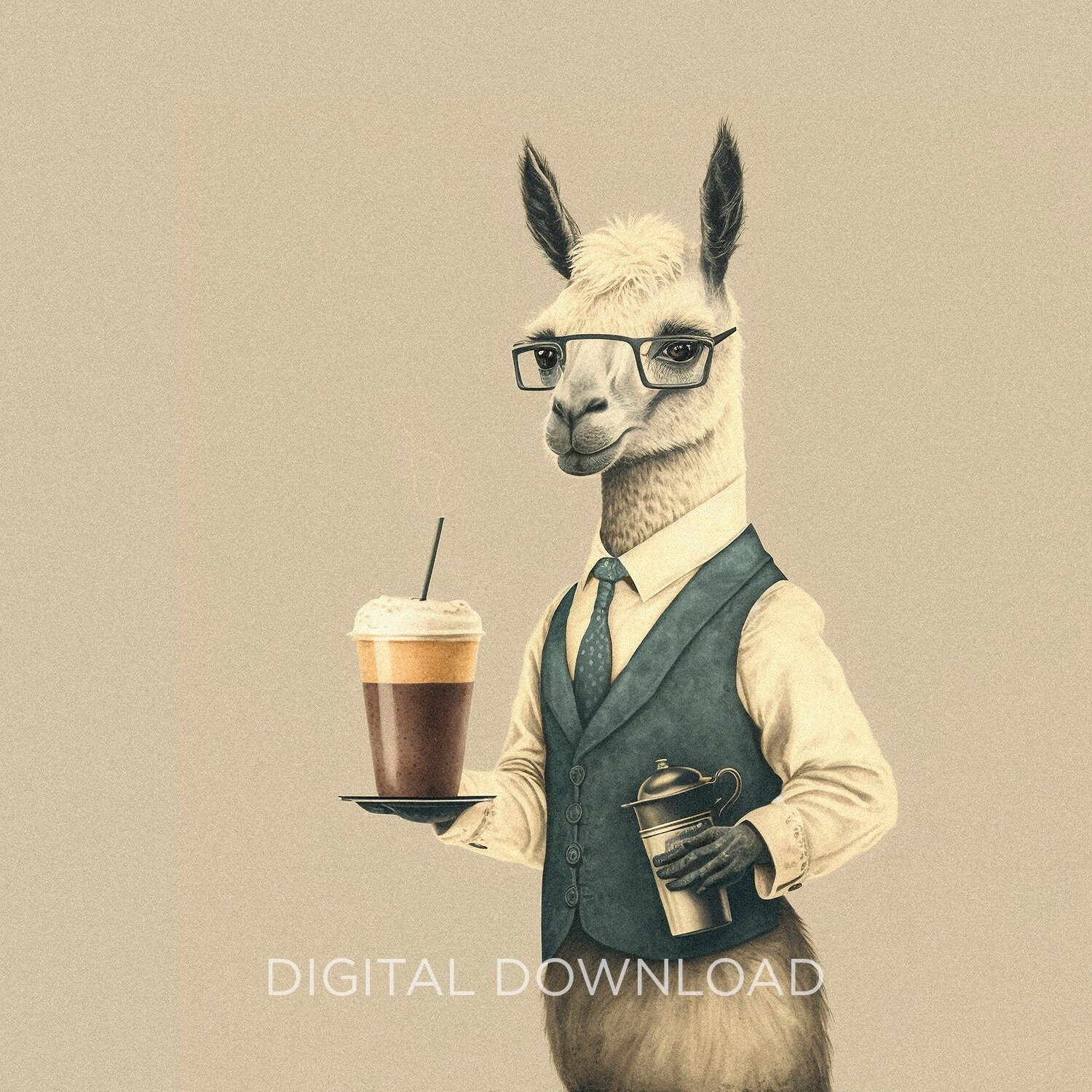 Llama Barista Serving Coffee, Vintage Artwork Style, Digital Download ...