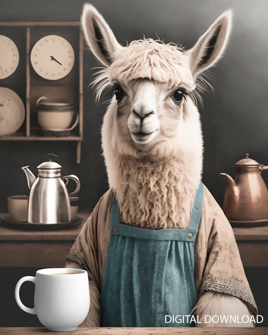 Vintage Style Artwork of Llama Barista, Digital Download, Llama With ...