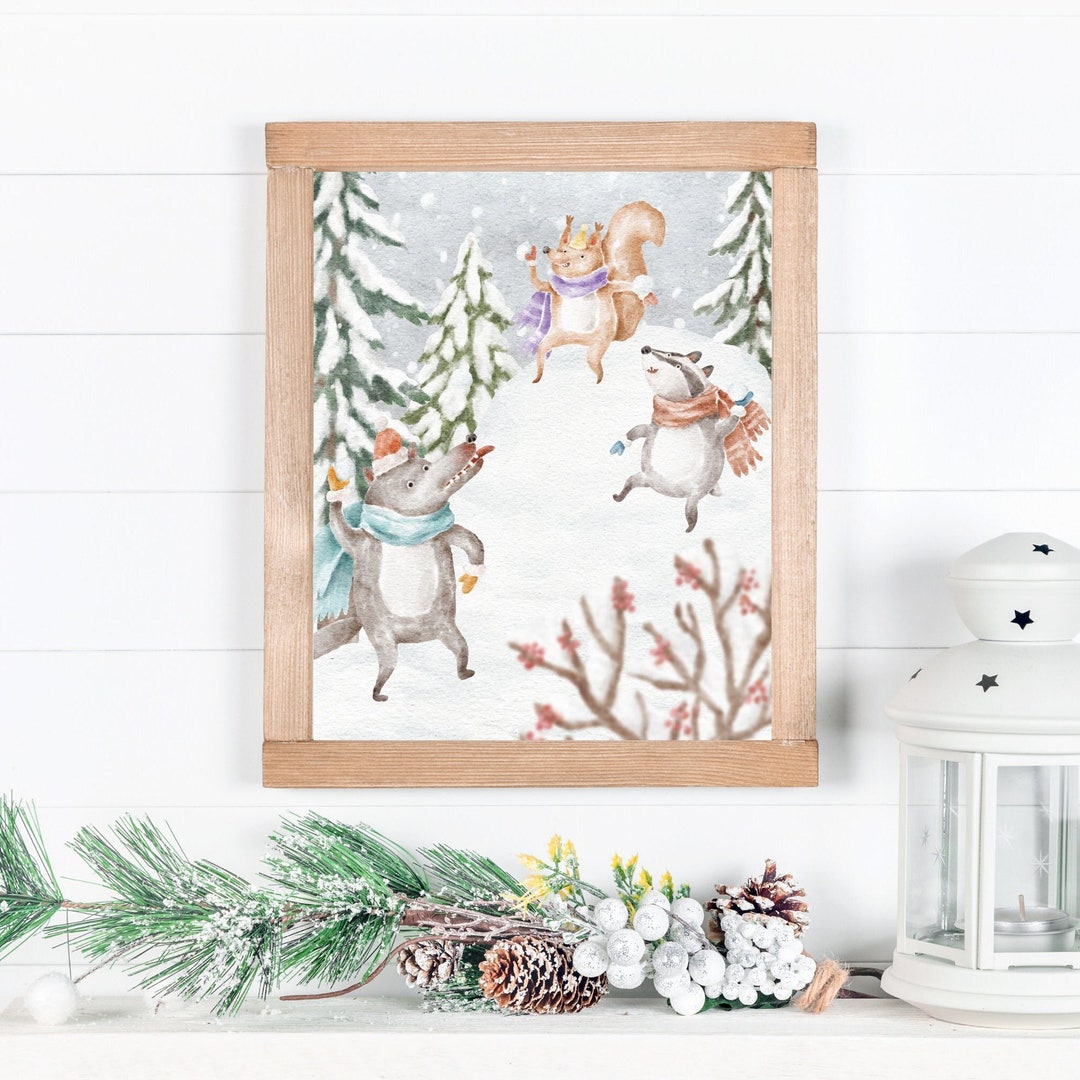 Christmas Woodland Animals Art Print, Forest Friends Snow Day Printable ...