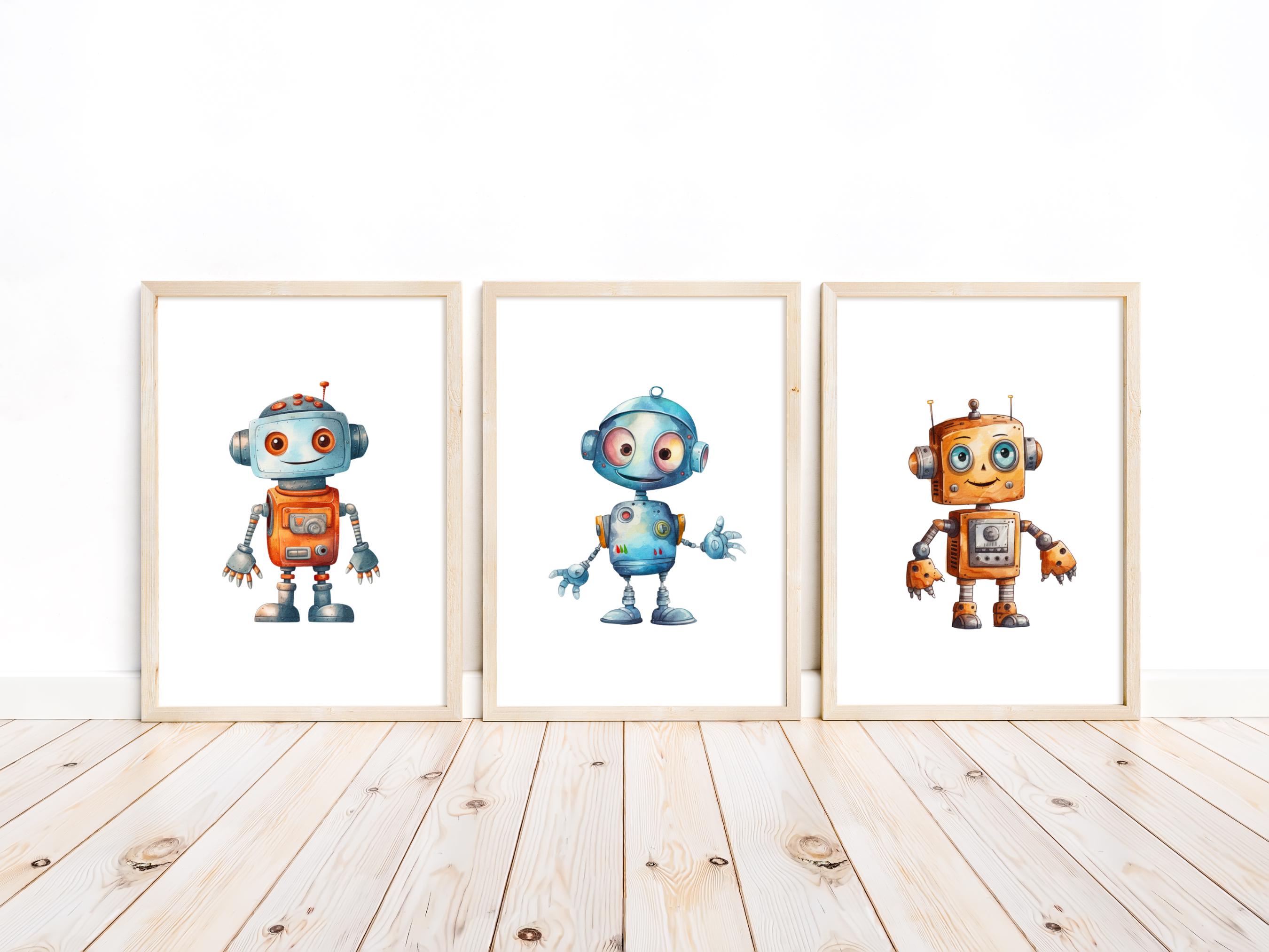 Set of 3 Robot Prints, Robot Printable Wall Art, Robot Room Decor, Cute ...