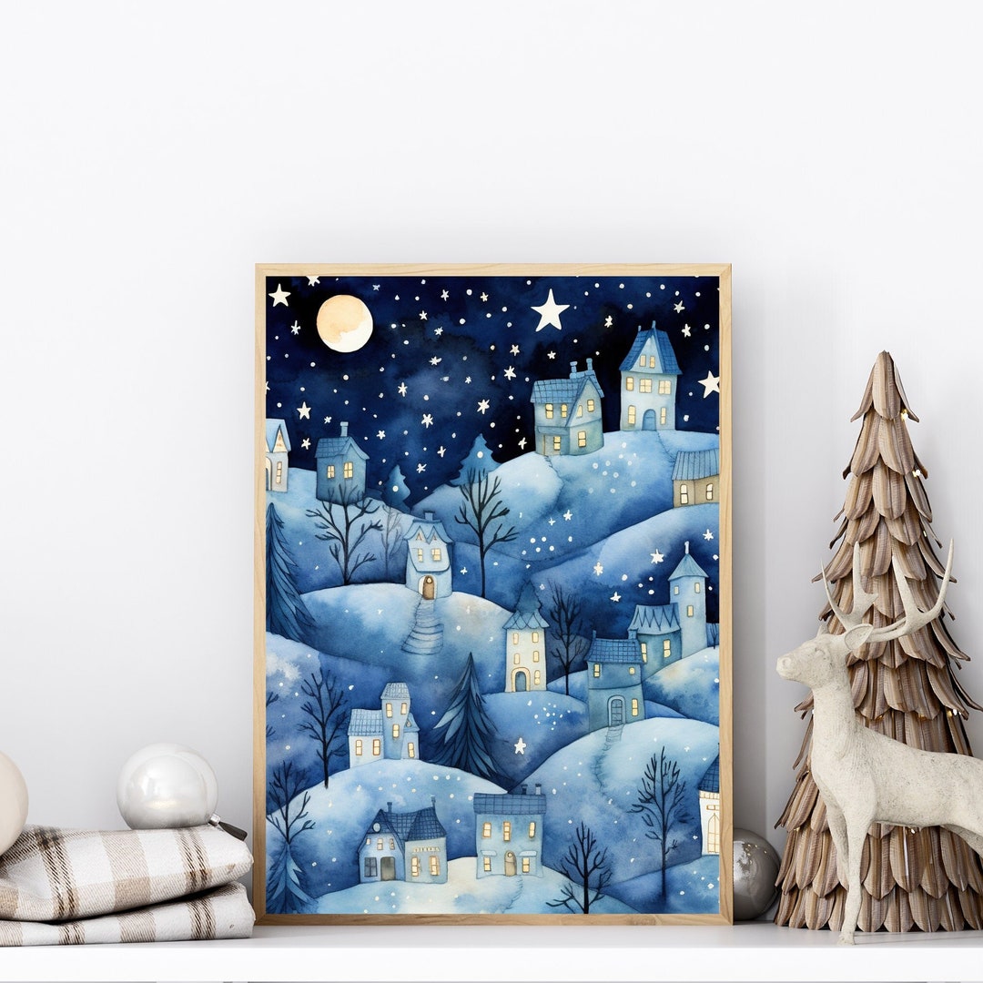 Winter Village Art Print, Starry Winter Night Sky Printable, Christmas ...