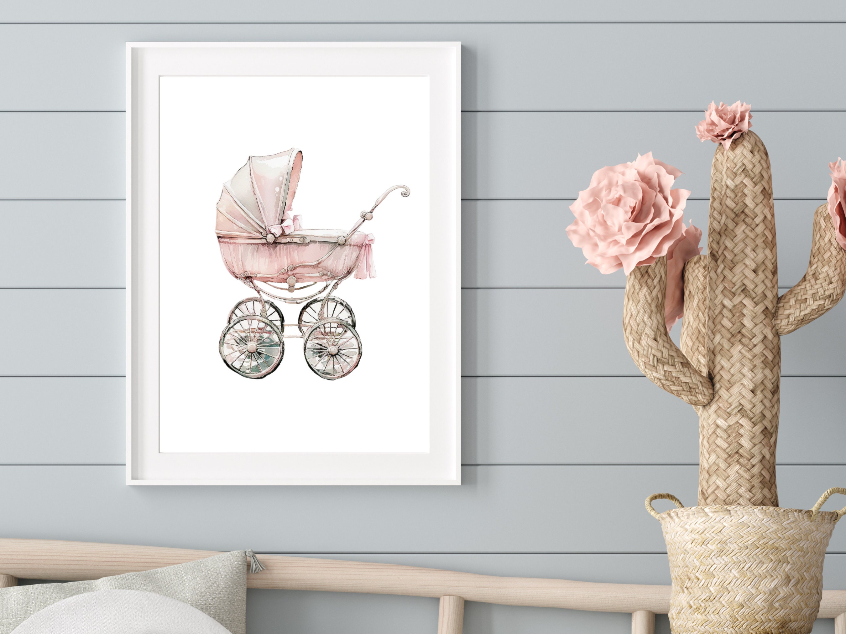 Vintage Pram Printable Art, Baby Girl Nursery Decor, Vintage Pink ...