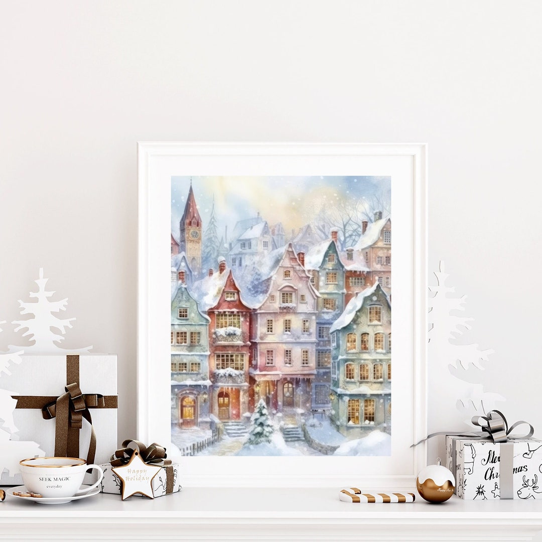 Winter Village Printable Art, Snowy Christmas Town Digital Print ...