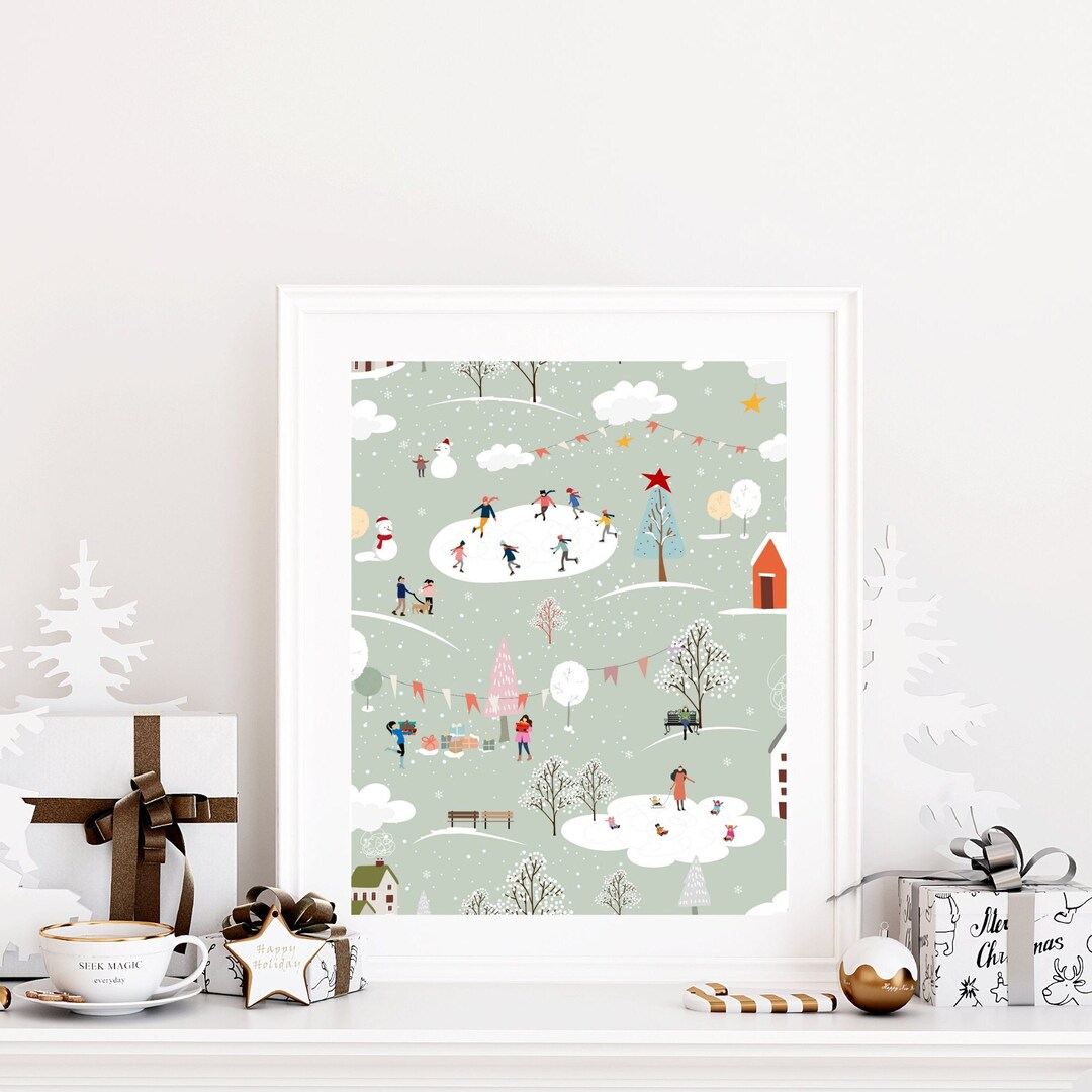 Busy Winter Village Art Print, Christmas Town Digital Print, Holiday ...