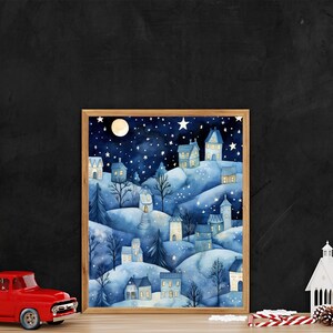Winter Village Art Print, Starry Winter Night Sky Printable, Christmas ...