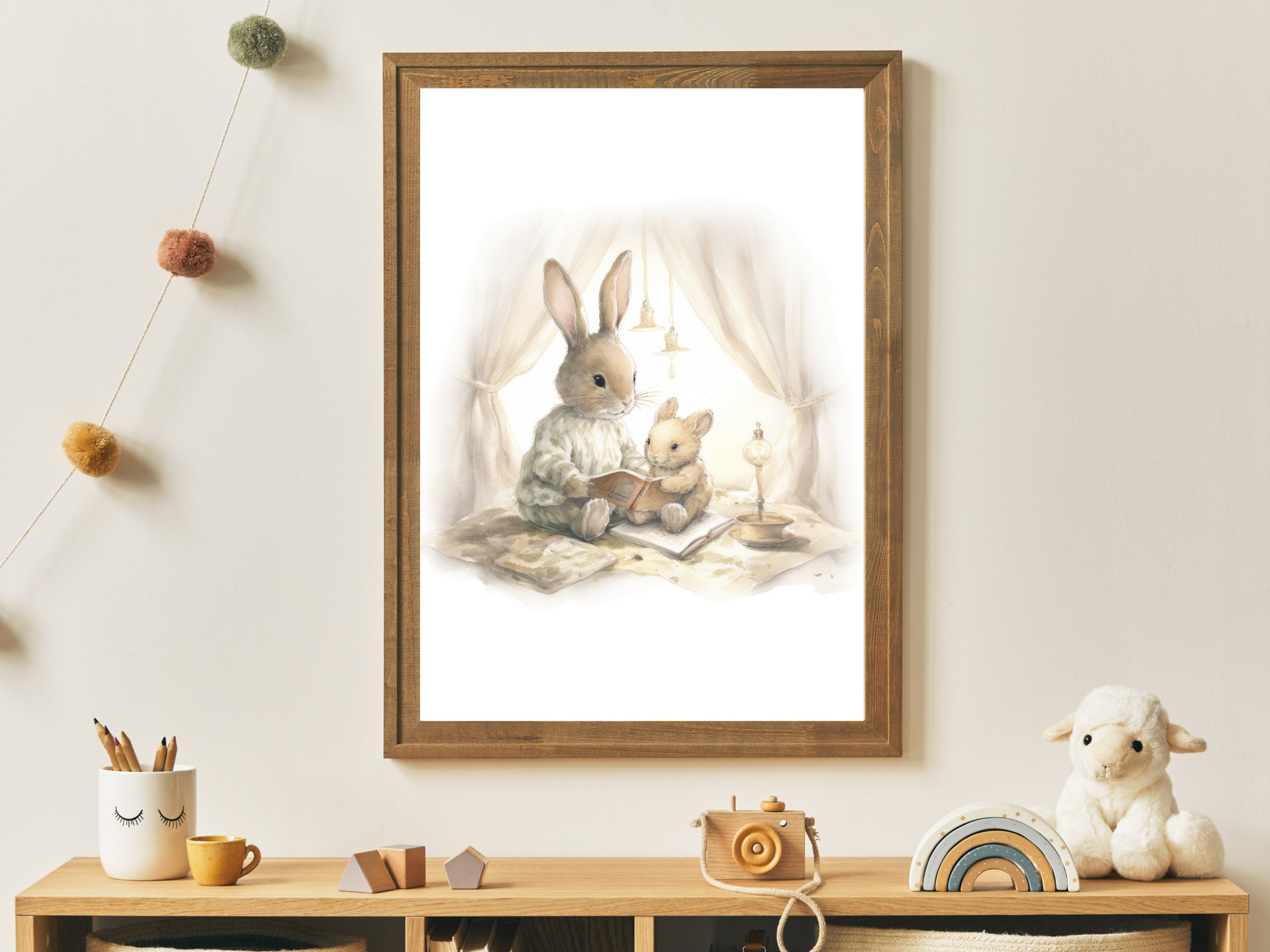 Bunny Bedtime Story Art Print, Cute Animal Nursery Decor, Neutral Kids ...
