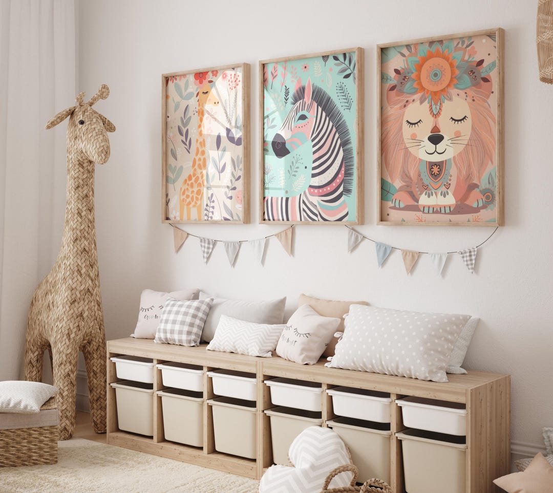Boho Safari Animal Set of 3 Nursery Printable Art, Colourful Botanical ...