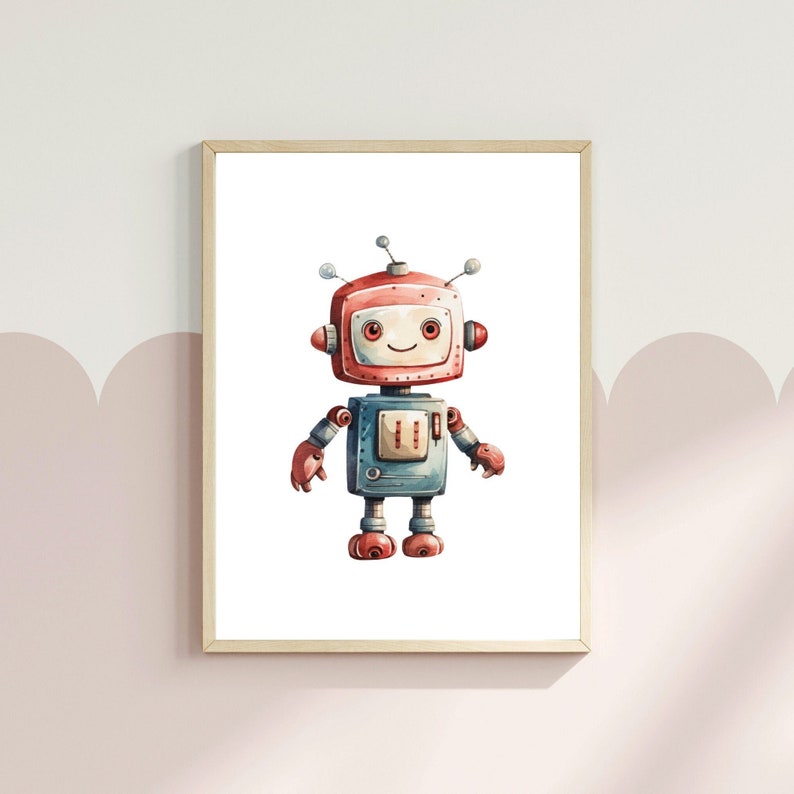 Freundliche Roboter Wandkunst, süße Roboter druckbare Kunst, Jungen Zimmer Wanddekor, Aquarell ...