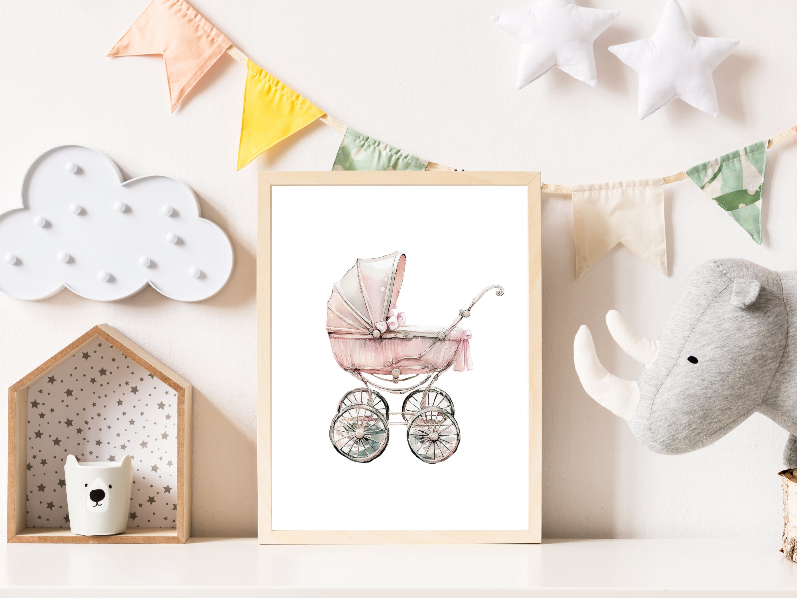 Vintage Pram Printable Art, Baby Girl Nursery Decor, Vintage Pink ...