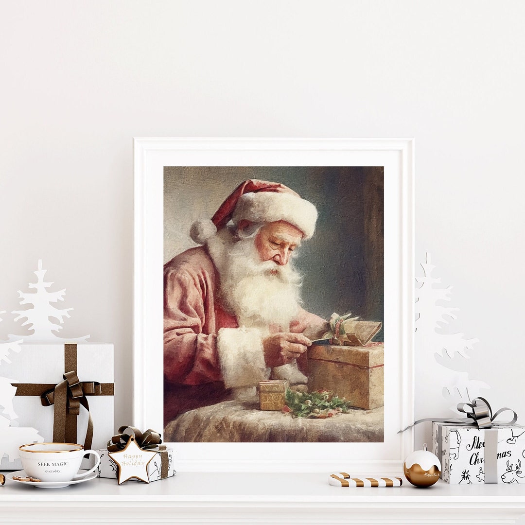 Vintage Santa Claus Art Print, Old Fashioned Christmas Wall Décor, Christmas Oil Painting ...