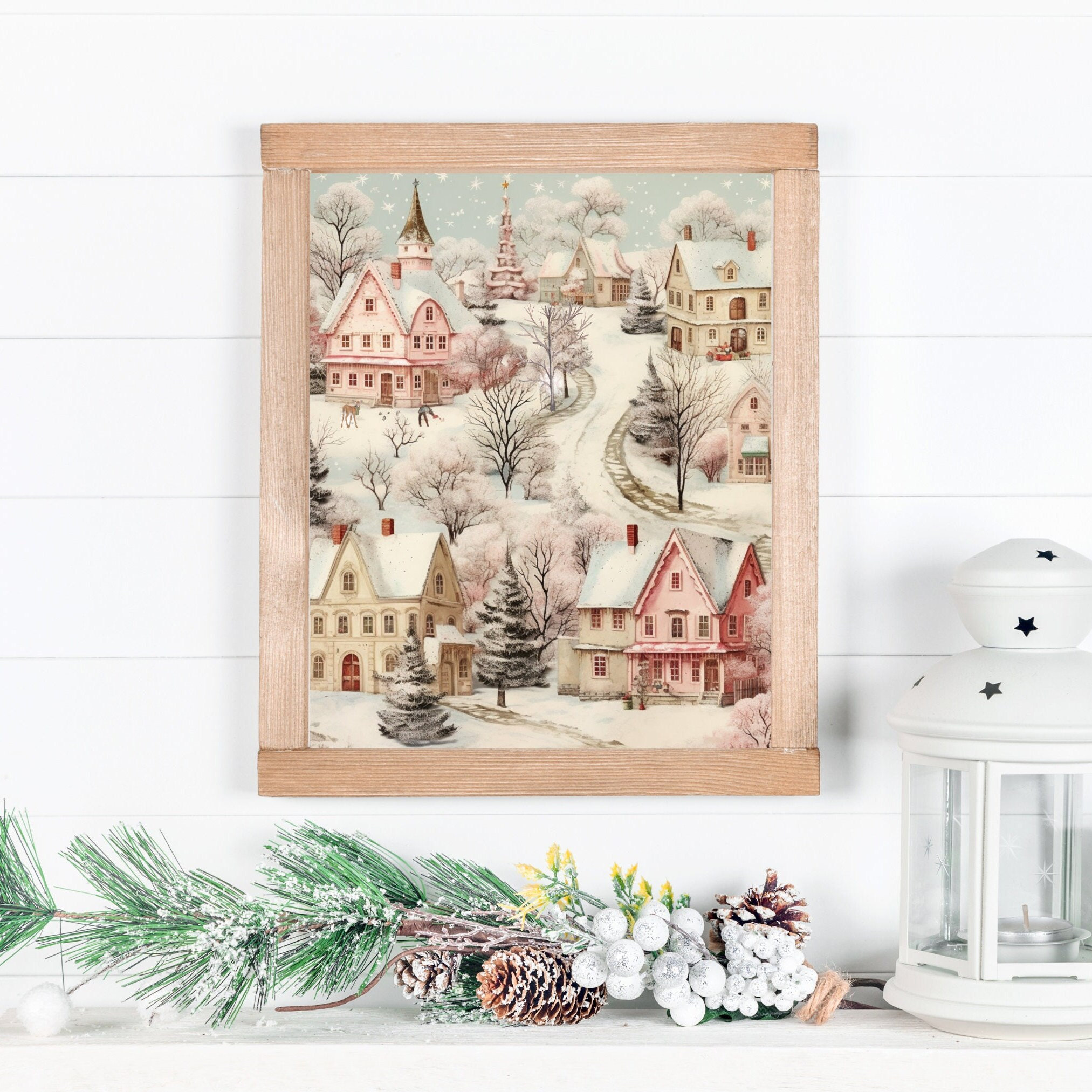 Christmas Village Art Print, Winter Wonderland Wall Art, Vintage Christmas Scene, Old Fashioned ...