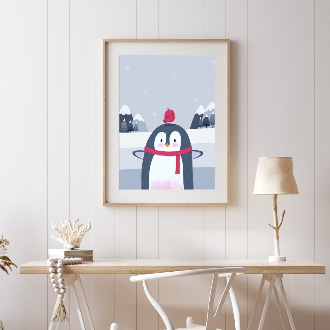 Penguin Art Winter Scene, Kids Room Christmas Print, Cute Winter ...