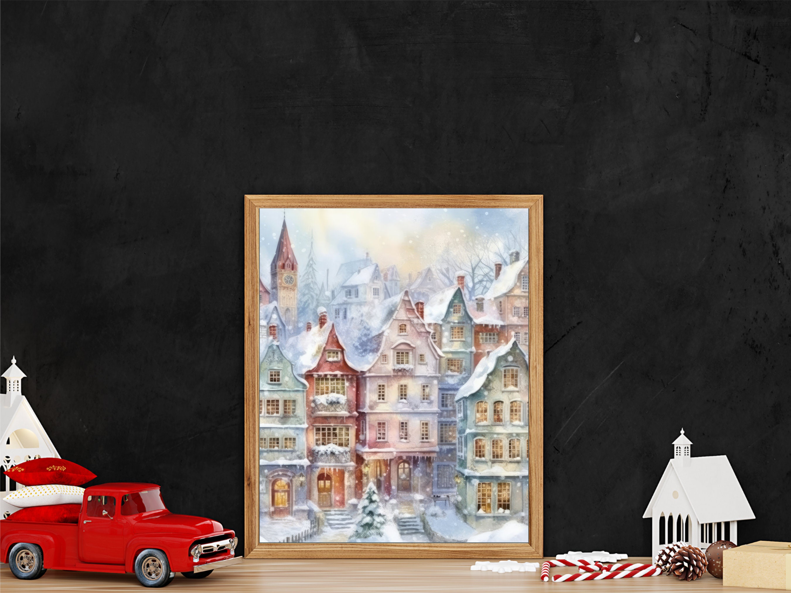 Winter Village Printable Art, Snowy Christmas Town Digital Print ...