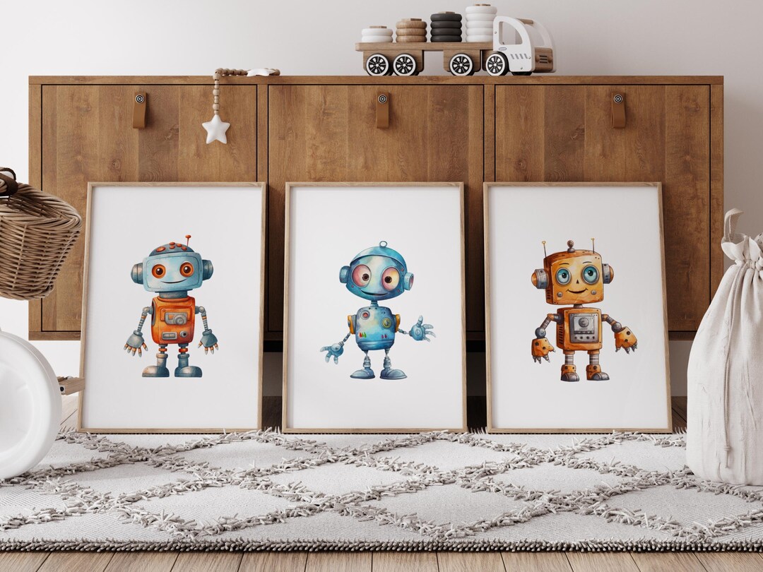 Set of 3 Robot Prints, Robot Printable Wall Art, Robot Room Decor, Cute ...