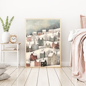 Winter Village Landscape Print, Snowy Town Digital Art, Scandinavian ...