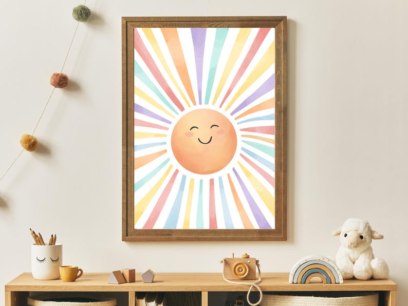 Sunshine Nursery Wall Art, Watercolour Sun Poster, Happy Sun Kid's Room ...