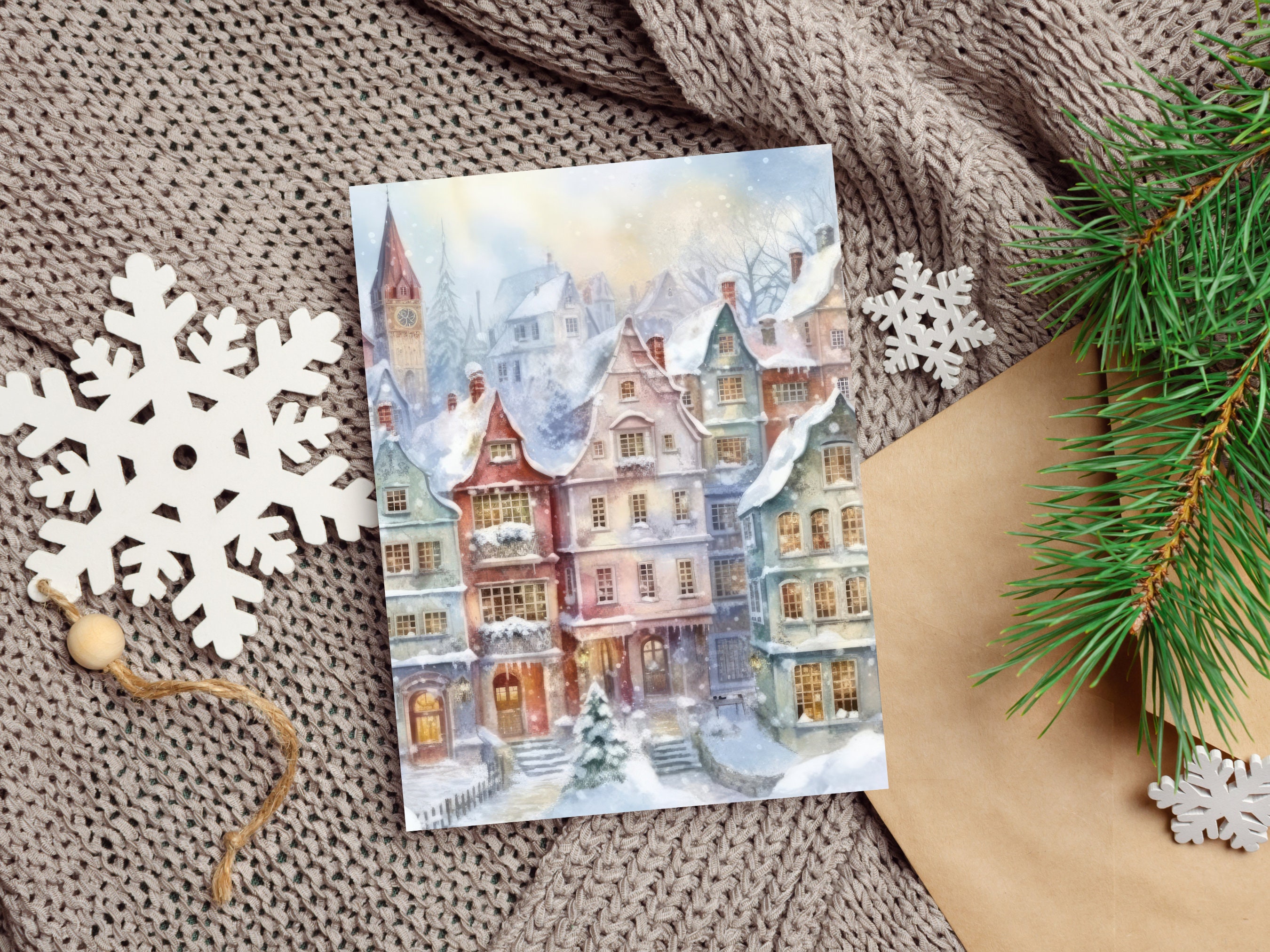 Winter Village Printable Art, Snowy Christmas Town Digital Print ...