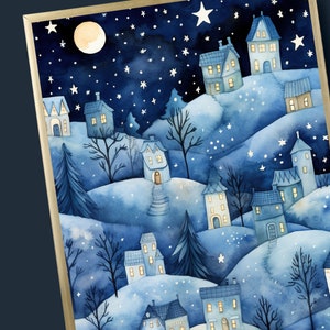 Winter Village Art Print, Starry Winter Night Sky Printable, Christmas ...