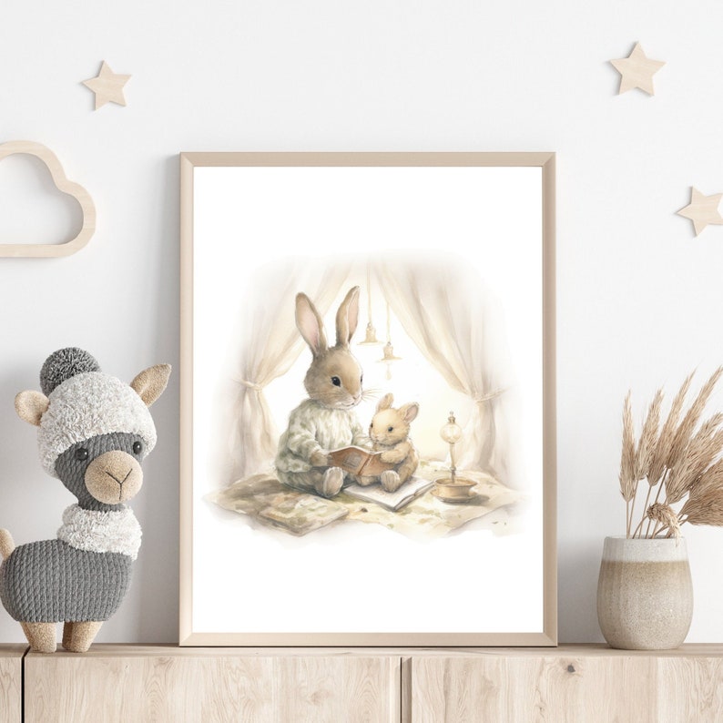 Bunny Bedtime Story Art Print, Cute Animal Nursery Decor, Neutral Kids ...