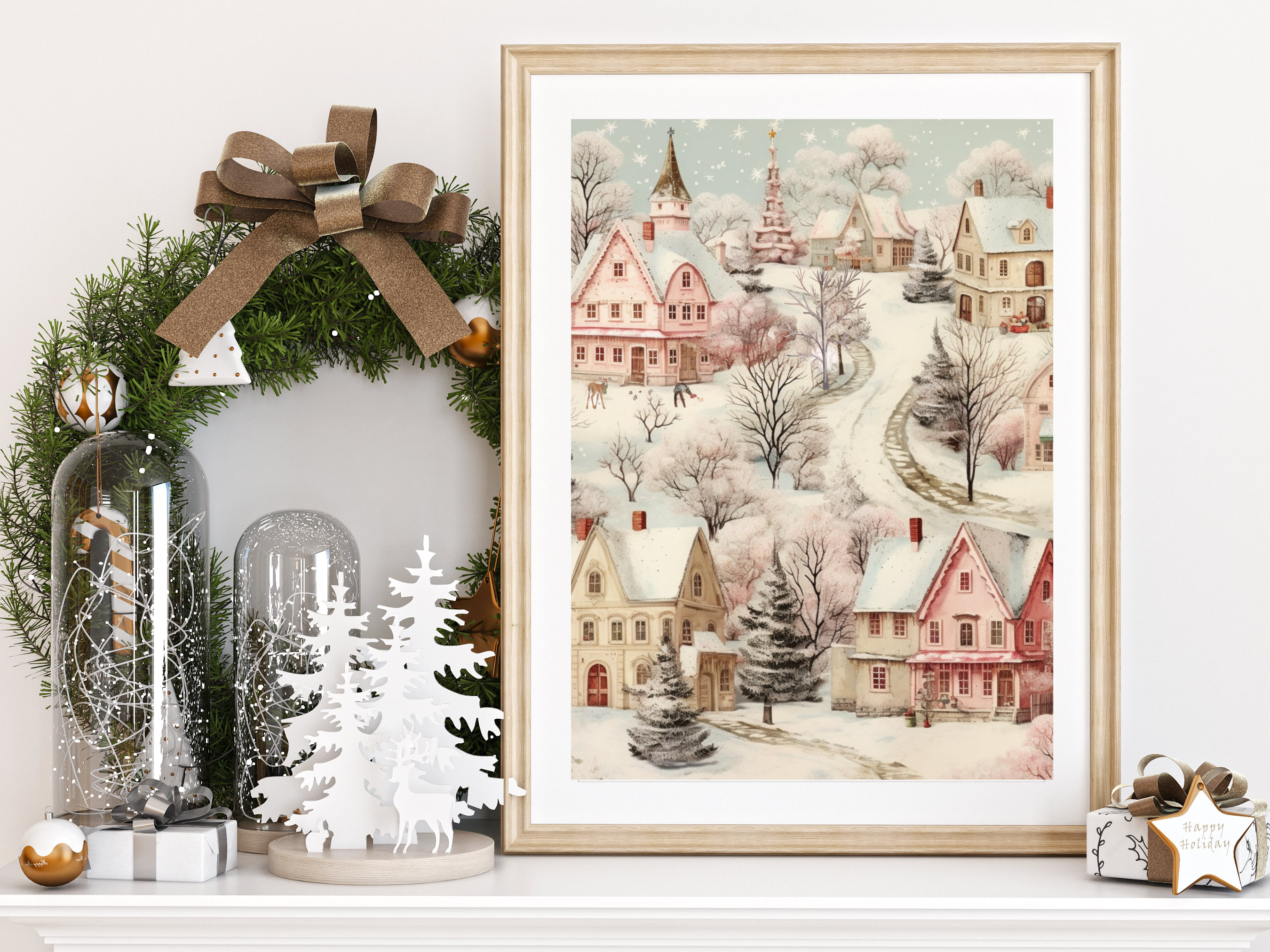 Christmas Village Art Print, Winter Wonderland Wall Art, Vintage ...
