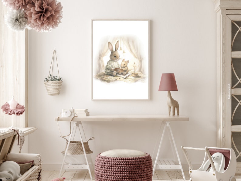 Bunny Bedtime Story Art Print, Cute Animal Nursery Decor, Neutral Kids ...
