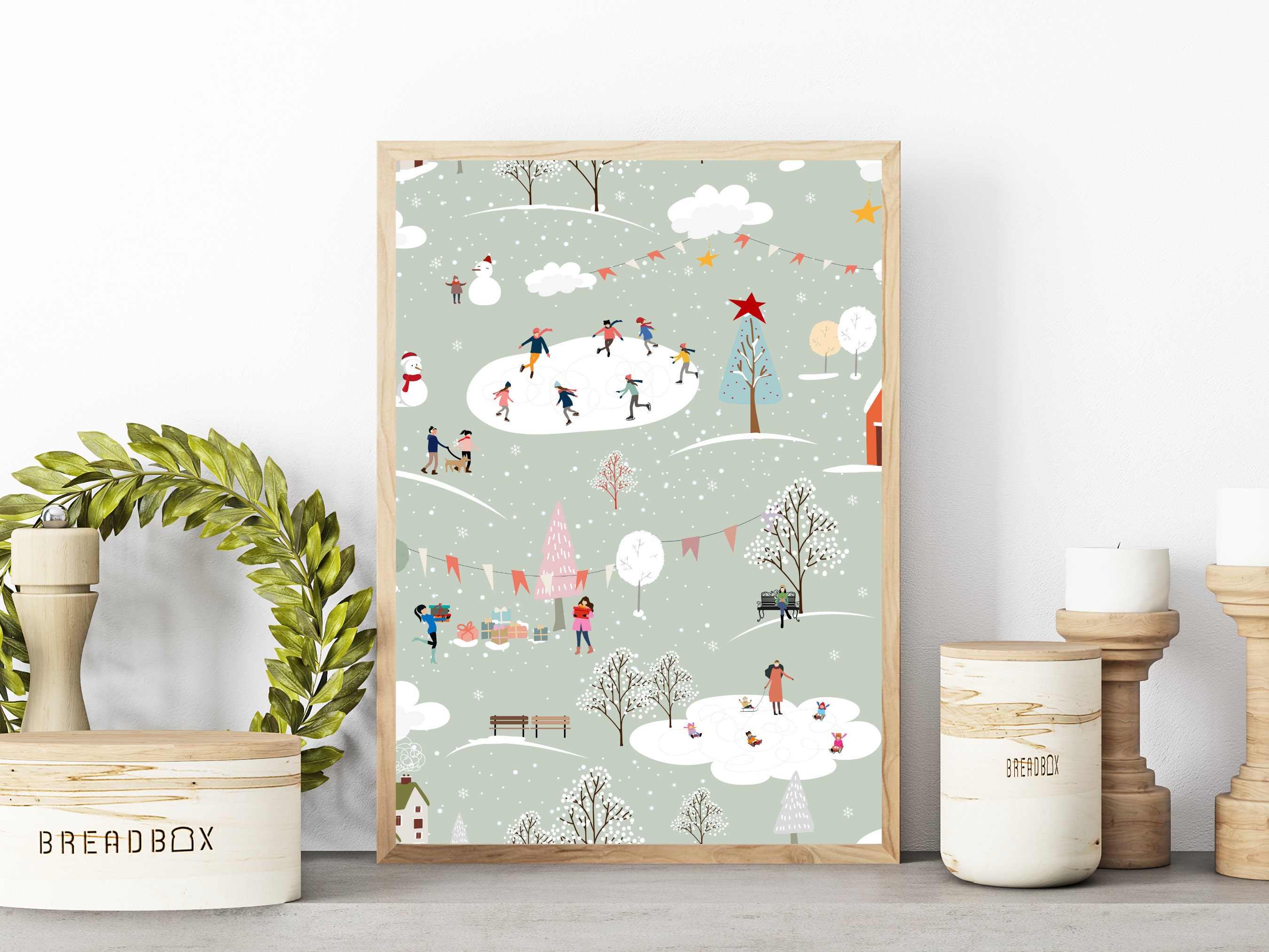 Busy Winter Village Art Print, Christmas Town Digital Print, Holiday ...