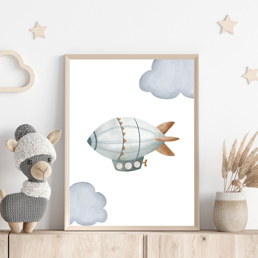 Airship Nursery Wall Art, Boy's Room Aviation Decor, Watercolour Blimp ...