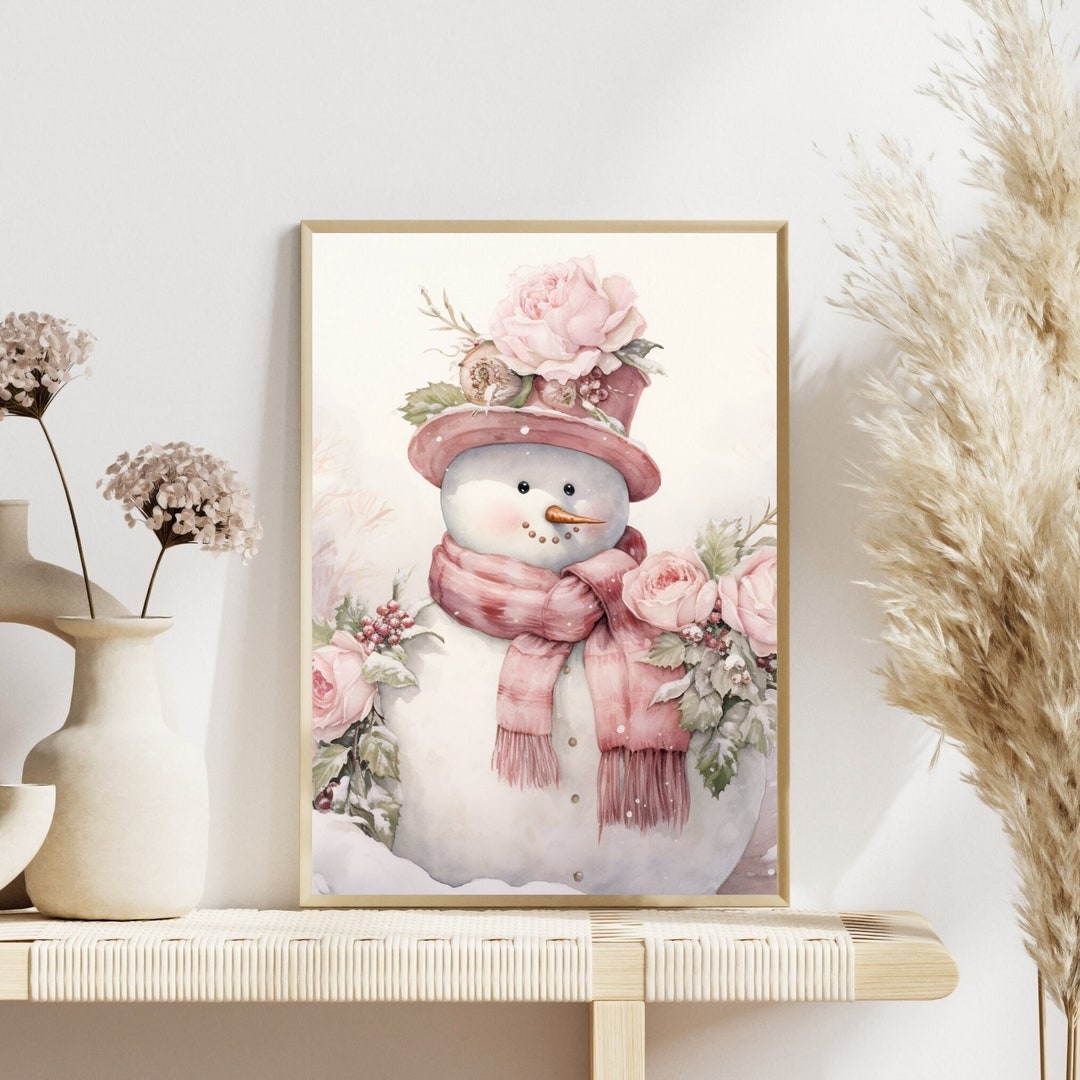 Snowman Printable Art, Holiday Wall Decor, Soft Pink Christmas Decor ...