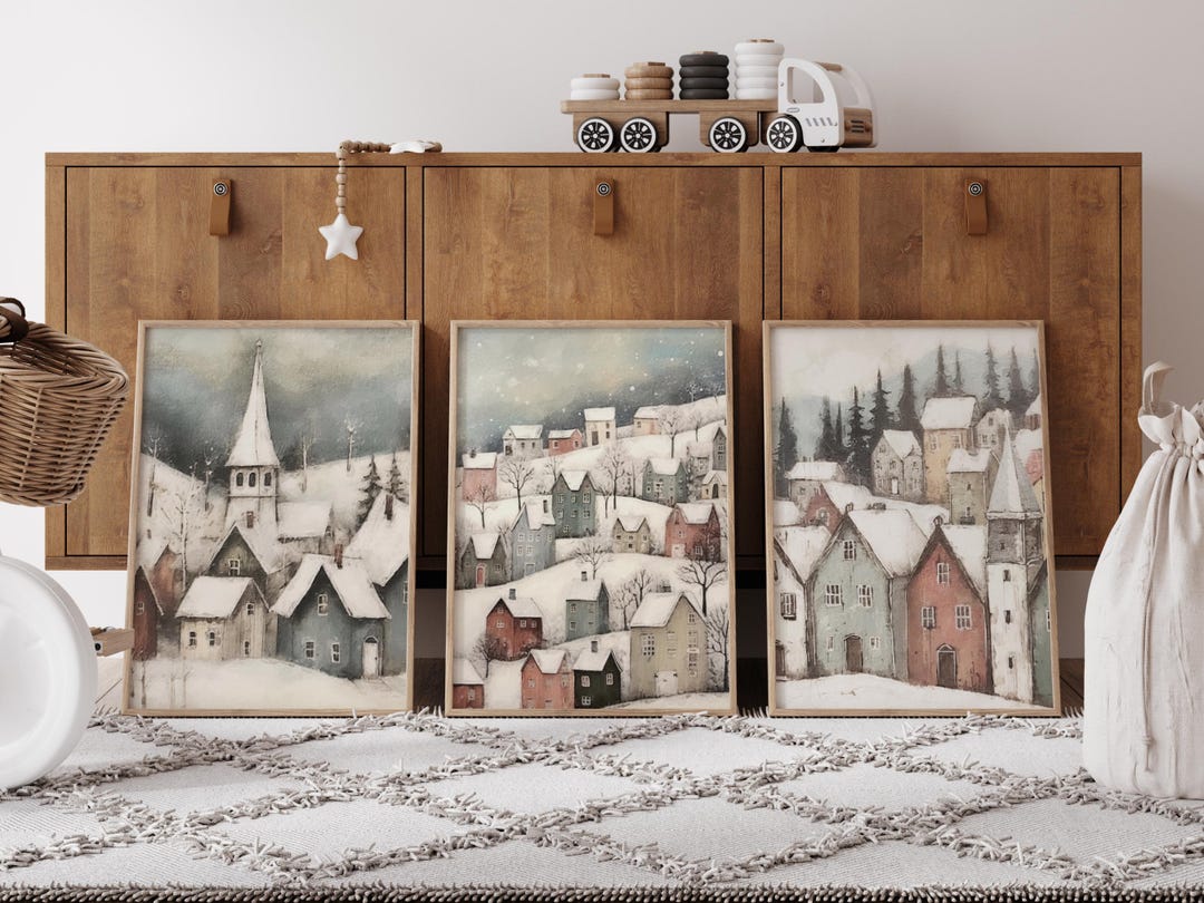 Set of 3 Snowy Winter Village Prints, European Village Artwork, Winter ...