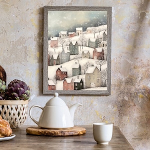 Winter Village Landscape Print, Snowy Town Digital Art, Scandinavian ...