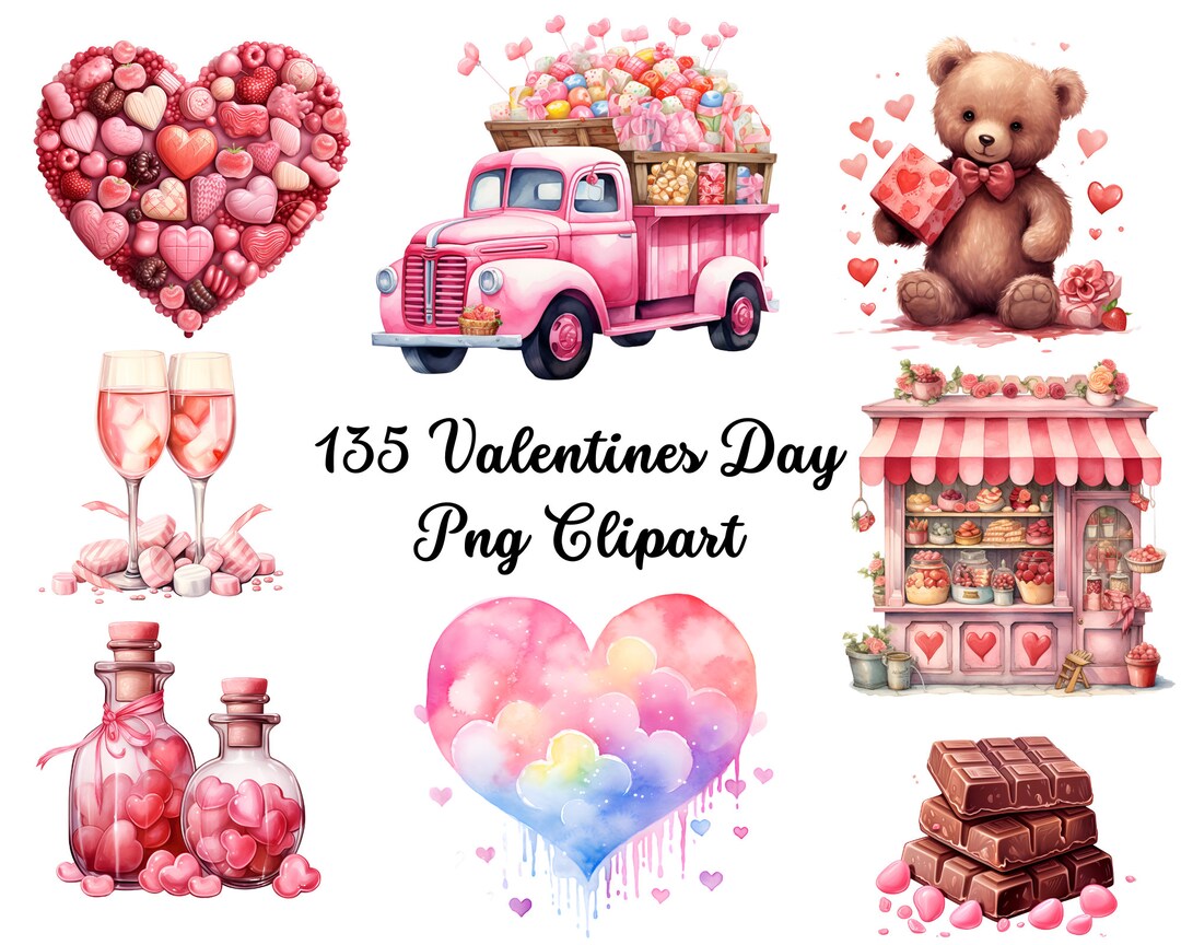 135 PNG Valentines Day Clipart, Watercolor Cute Valentines Candy Shop ...