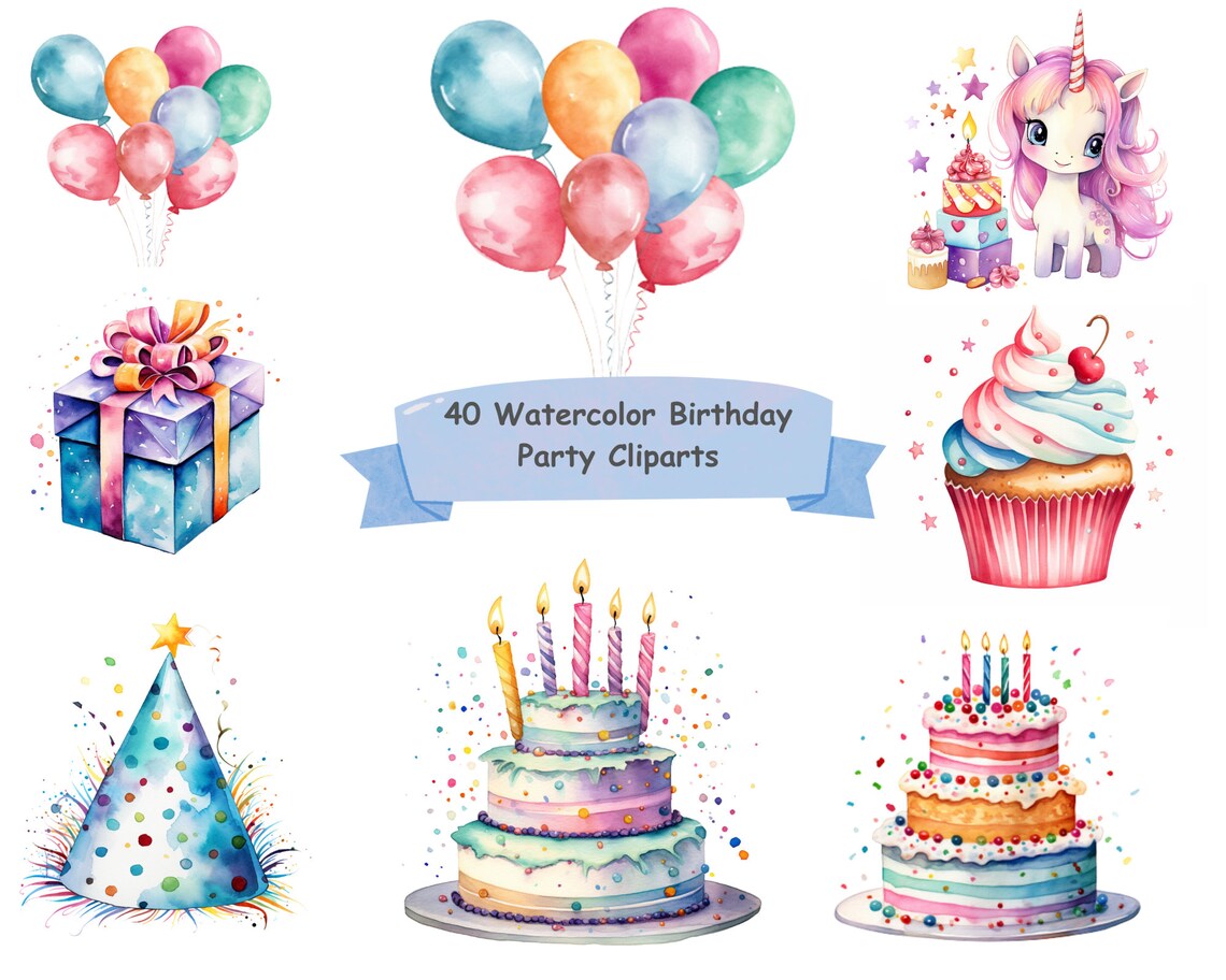 Watercolor Birthday Cake Clipart Bundle, 40 PNG Files, Commercial Use ...