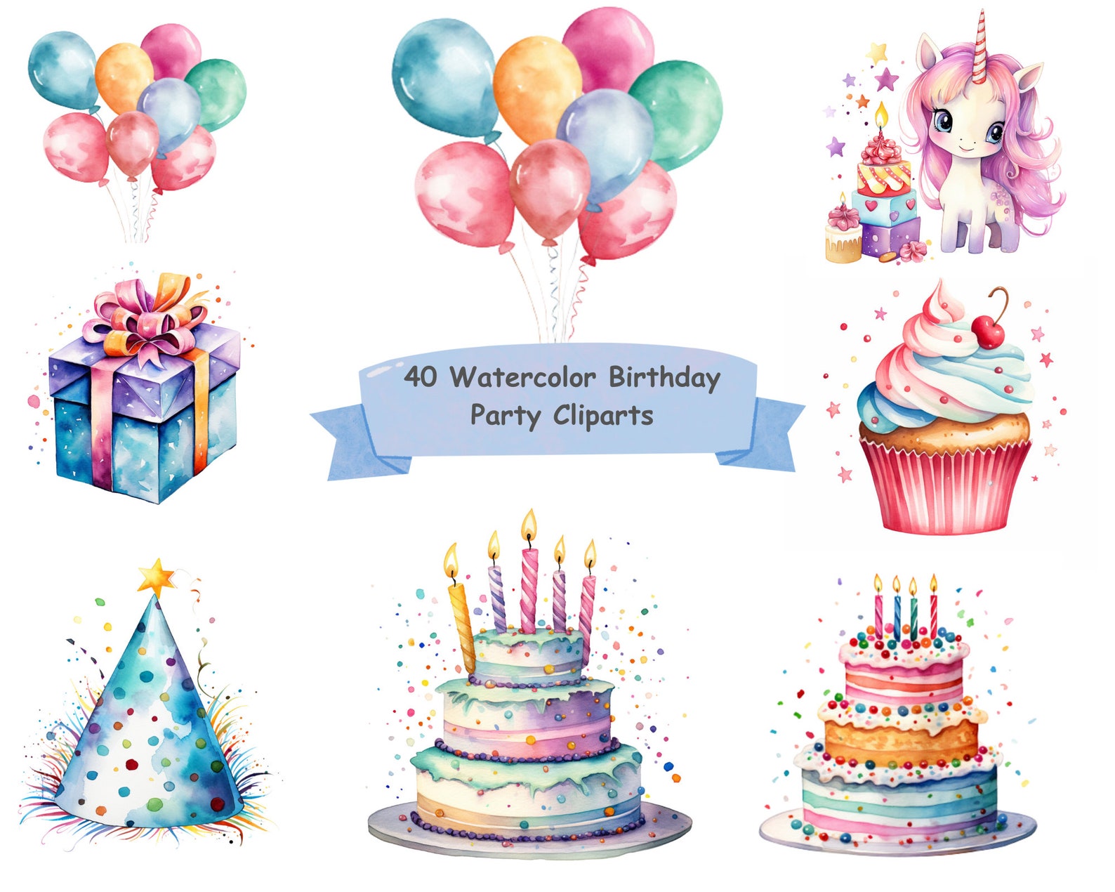 Watercolor Birthday Cake Clipart Bundle, 40 PNG Files, Commercial Use ...