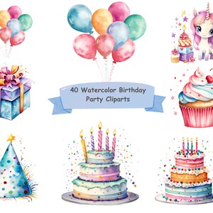 Watercolor Birthday Cake Clipart Bundle, 40 PNG Files, Commercial Use ...