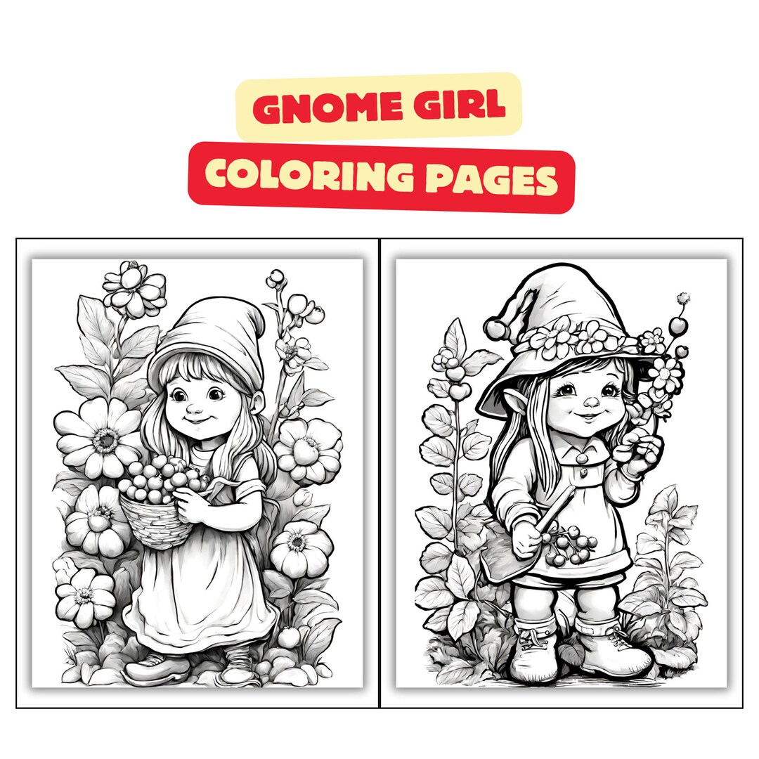 Cute Darling Young Gnome Girl, Coloring Pages for Adults and Kids ...