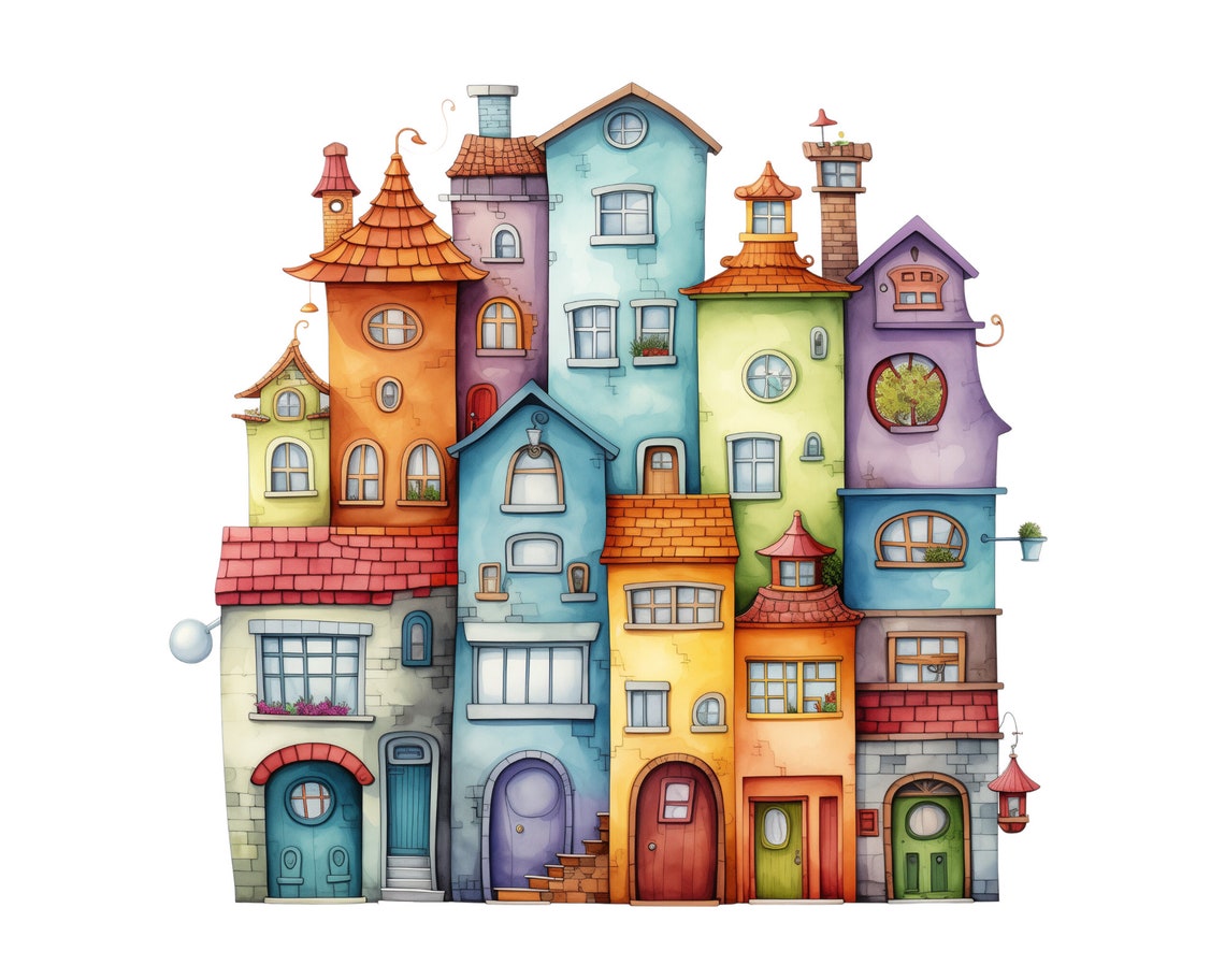 Quirky Houses Clipart 18 High Quality Pngs Digital Download Card Making ...