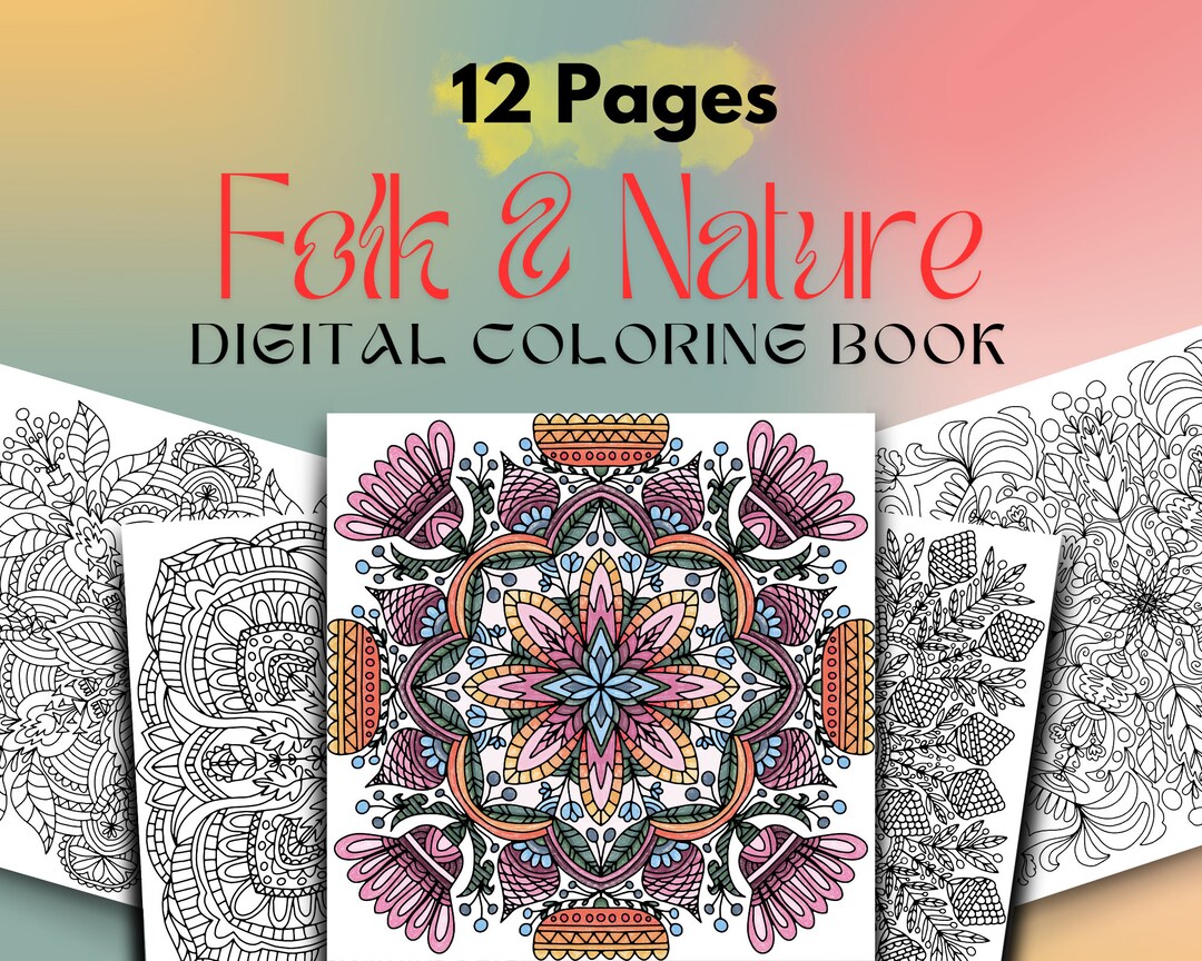 Folk & Nature Digital Coloring Book Easy to Color Worksheets, Fantasy ...