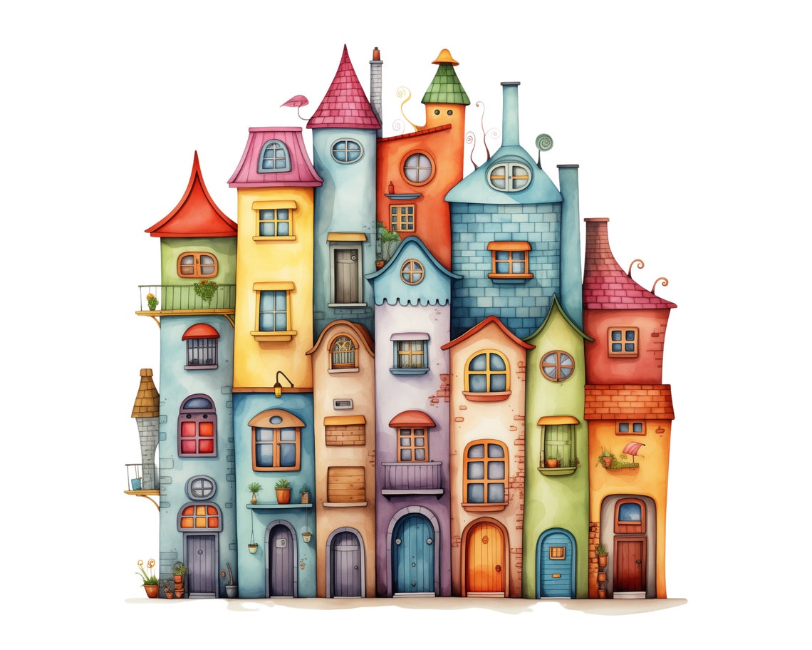 Quirky Houses Clipart 18 High Quality Pngs Digital Download Card Making ...