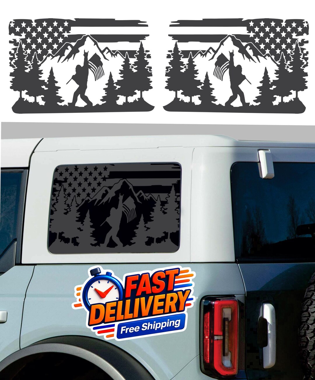 Ford Bronco 4-door Bigfoot Scene Forest Mountain American Flag Window ...