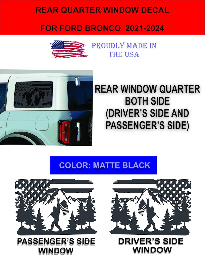Ford Bronco 4-door Window Decal American Flag Bigfoot Scene | 2021-2024 ...