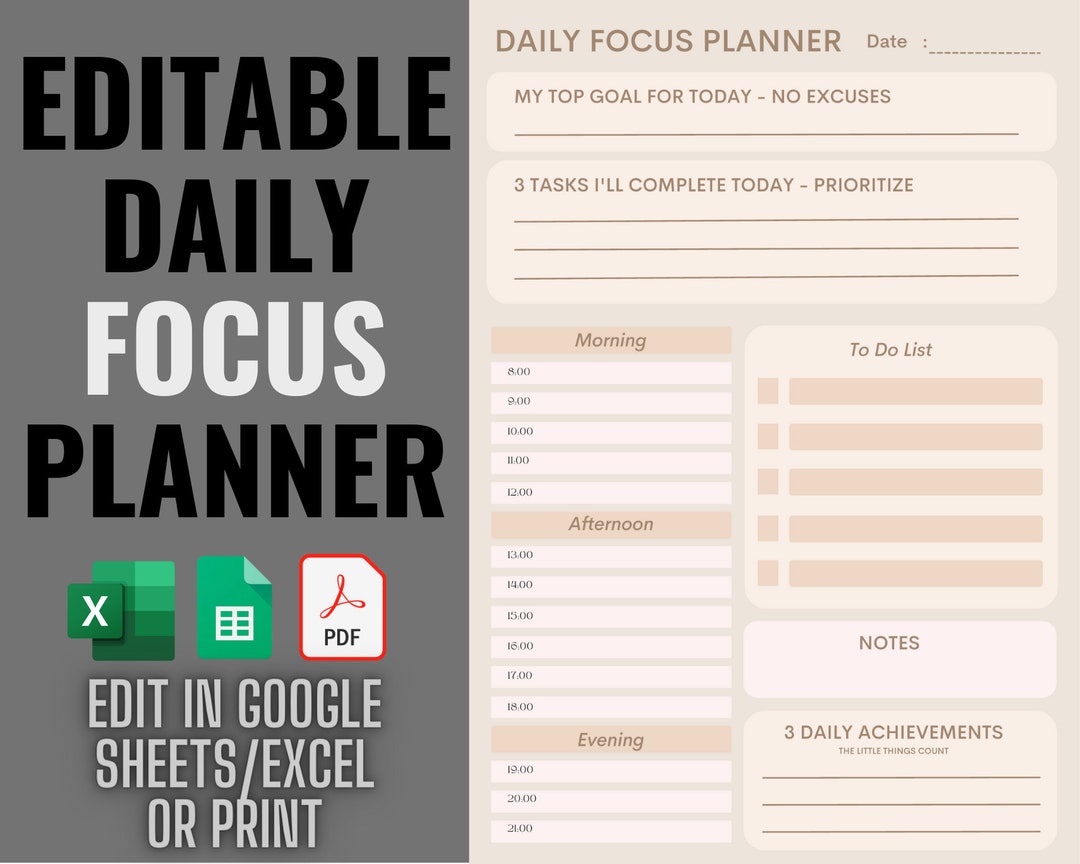 DAILY FOCUS PLANNER Editable Daily Planner Digital - Etsy
