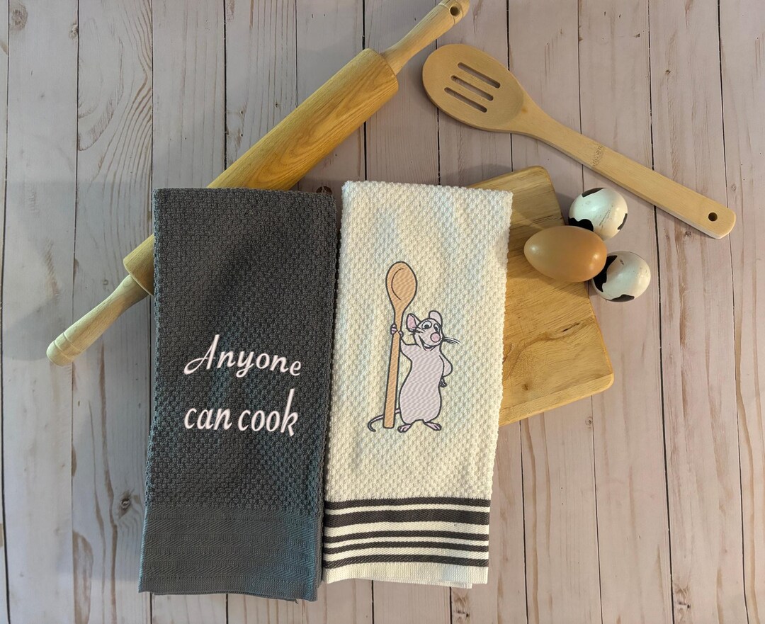 Embroidered Kitchen Towels, Anyone Can Cook, Grey and White, Kitchen ...