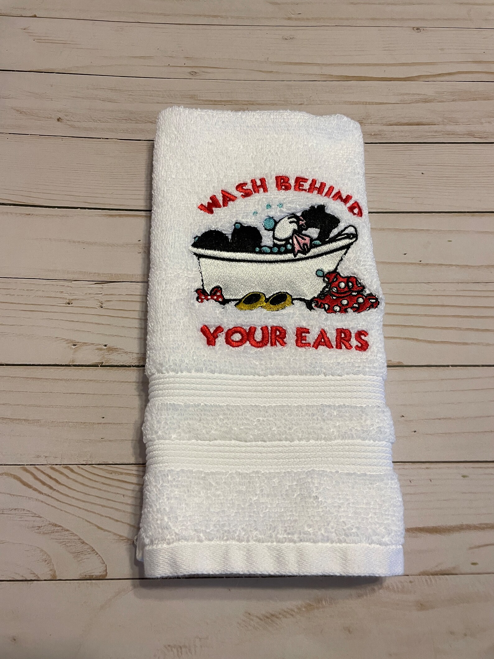 Bathroom White Hand Towel, Mouse, Wash Behind Your Ears, Embroidered ...