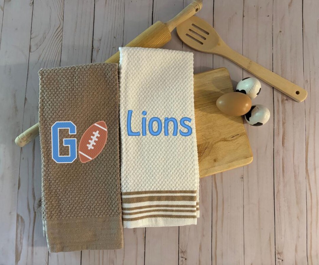 Lions Embroidered Football Kitchen Towels | Tan & White Tea Towel ...